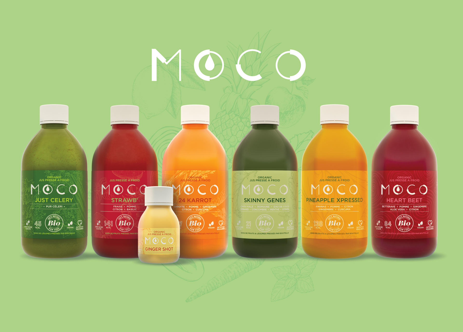 Moco • Jus pressés Bio • Packaging • Vision Oblique